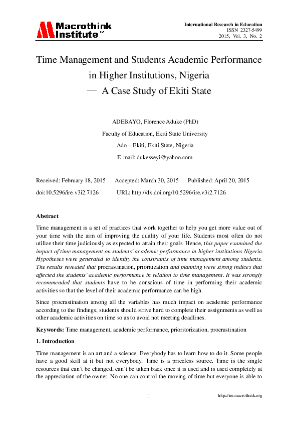 (PDF) Time Management and Students Academic Performance in Higher ...