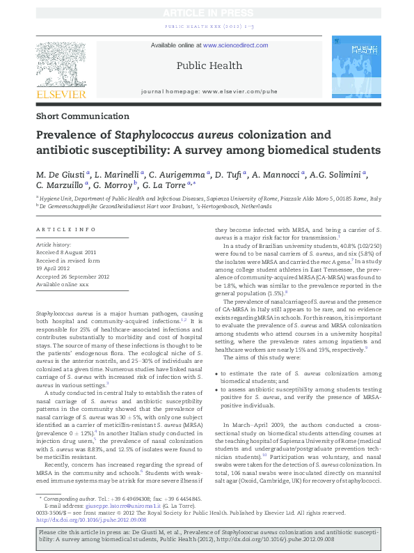 Pdf Prevalence Of Staphylococcus Aureus Colonization And Antibiotic Susceptibility A Survey