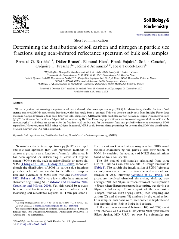 (PDF) Determining the distributions of soil carbon and nitrogen in particle size fractions using ...