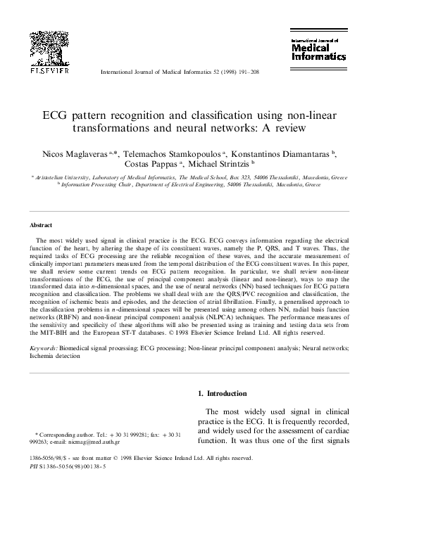 Pdf Ecg Pattern Recognition And Classification Using Non Linear Transformations And Neural