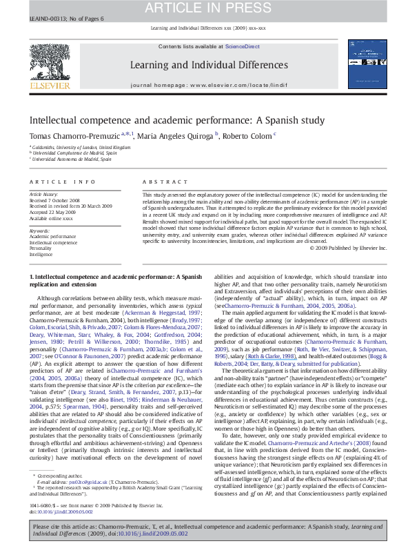 (PDF) Intellectual competence and academic performance: Preliminary ...