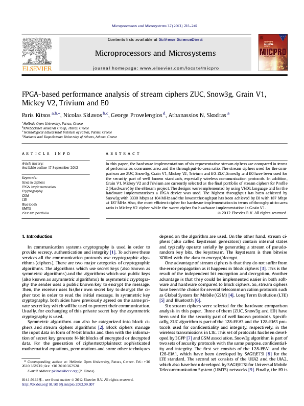 Pdf Fpga Based Performance Analysis Of Stream Ciphers Zuc Snow3g Grain V1 Mickey V2 