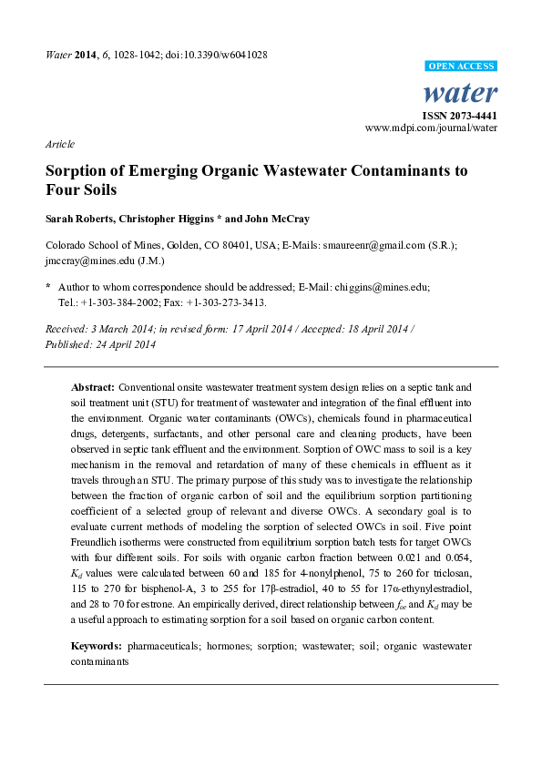 (PDF) Sorption of Emerging Organic Wastewater Contaminants to Four Soils