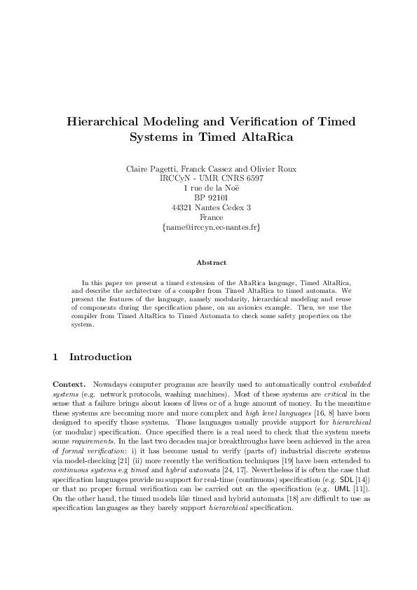 (PDF) Hierarchical Modeling and Verification of Timed Systems in Timed AltaRica
