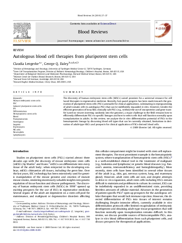 (PDF) Autologous blood cell therapies from pluripotent stem cells