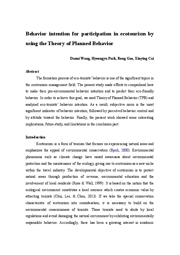 Pdf Behavior Intention For Participation In Ecotourism By Using The Theory Of Planned Behavior