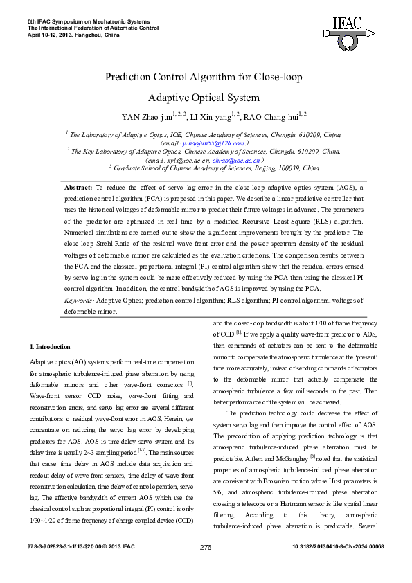Pdf Prediction Control Algorithm For Close Loop Adaptive Optical System