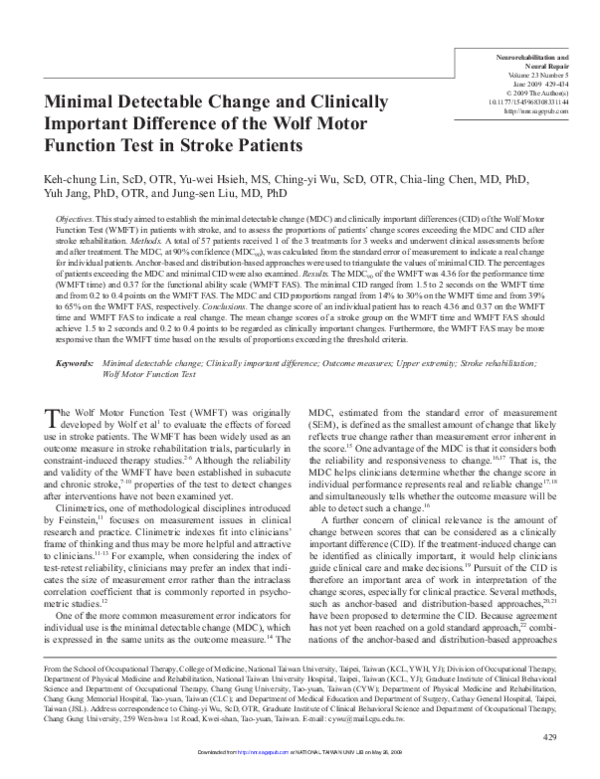 (PDF) Minimal Detectable Change and Clinically Important Difference of the Stroke Impact Scale ...
