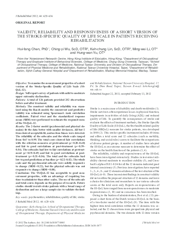 (PDF) Validity and Responsiveness of SS-QoL-12 in Stroke Rehabilitation