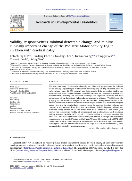 (PDF) The Pediatric Motor Activity Log-Revised: Assessing real-world ...