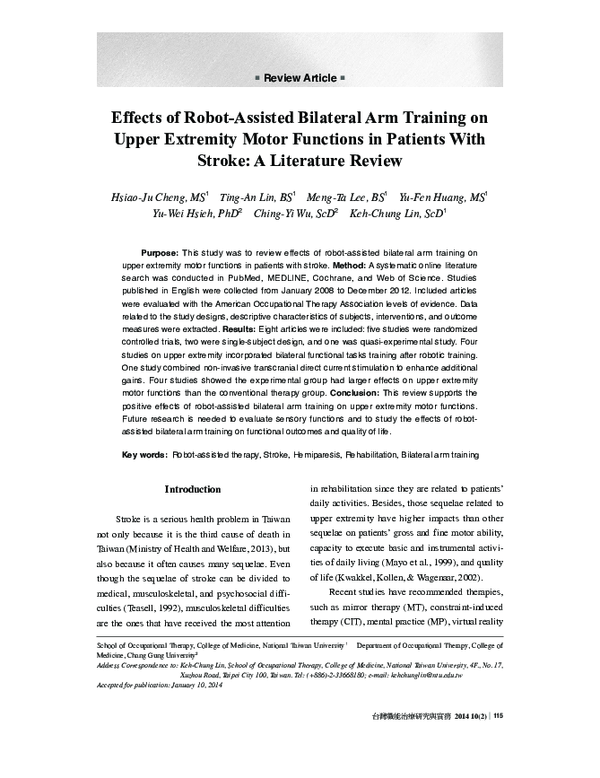 (PDF) Effects of robot-assisted therapy on upper extremity in stroke ...