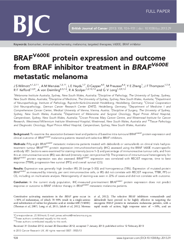 (PDF) BRAF(V600E) protein expression and outcome from BRAF inhibitor treatment in BRAF(V600E ...