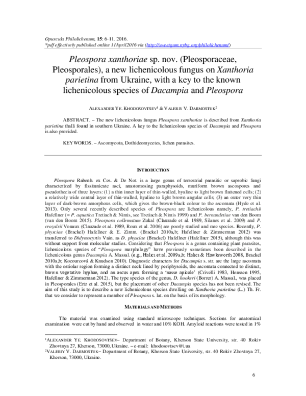 (PDF) Pleospora xanthoriae sp. nov. (Pleosporaceae, Pleosporales), a ...