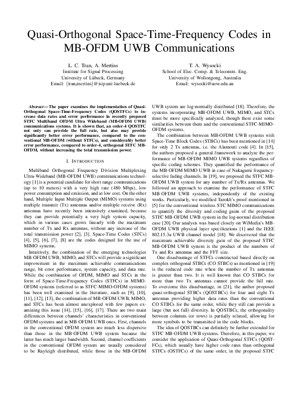 Pdf Quasi Orthogonal Space Time Frequency Codes In Mb Ofdm Uwb