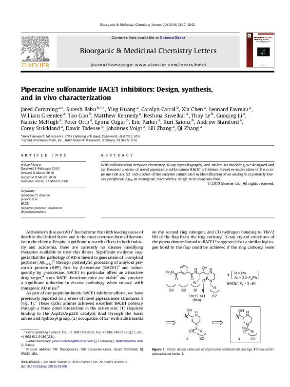 (PDF) Piperazine sulfonamide BACE1 inhibitors: Design, synthesis, and in vivo characterization