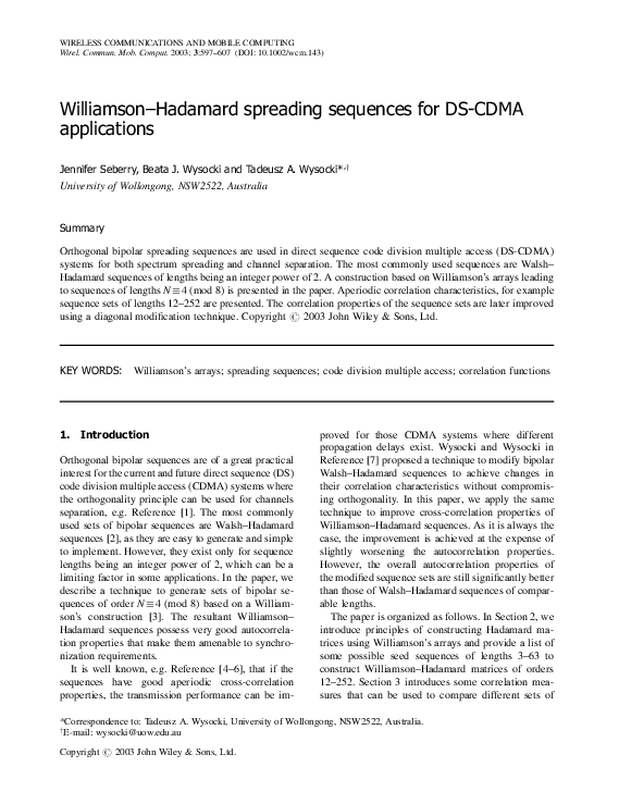 (PDF) Williamson-Hadamard spreading sequences for DS-CDMA applications