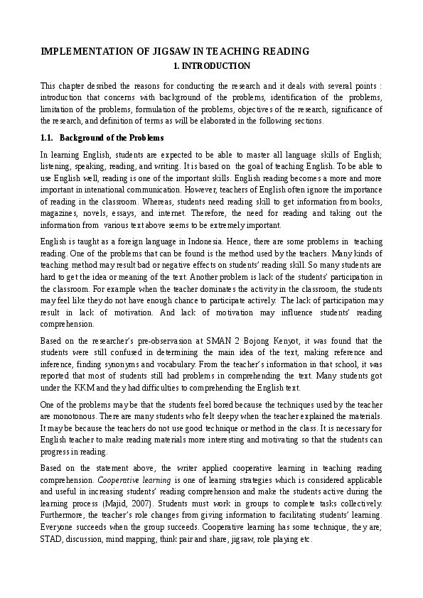 IMPLEMENTATION OF JIGSAW IN TEACHING READING