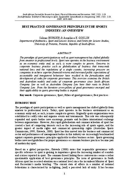 (PDF) BEST PRACTICE GOVERNANCE PRINCIPLES IN THE SPORTS INDUSTRY: AN ...