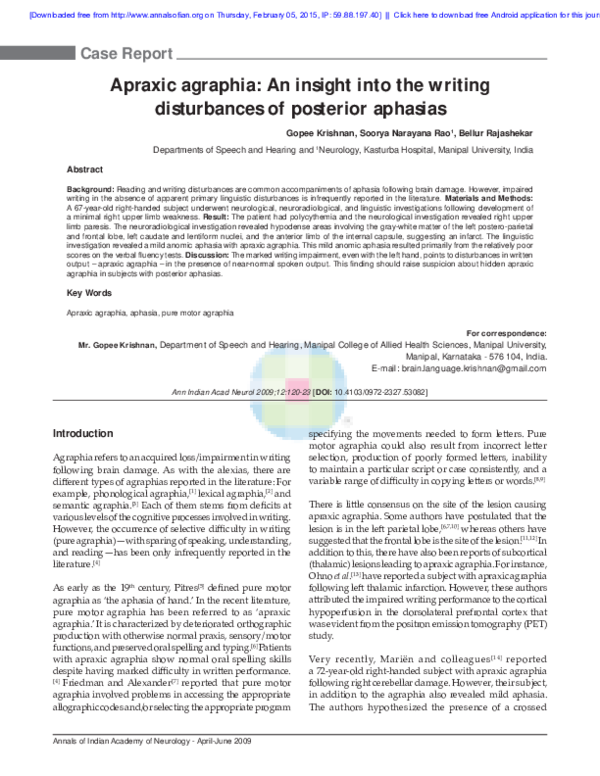 (PDF) Apraxic agraphia: An insight into the writing disturbances of posterior aphasias