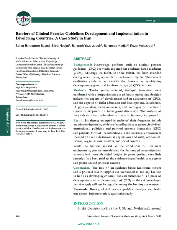 (PDF) Barriers of Clinical Practice Guidelines Development and Implementation in Developing ...