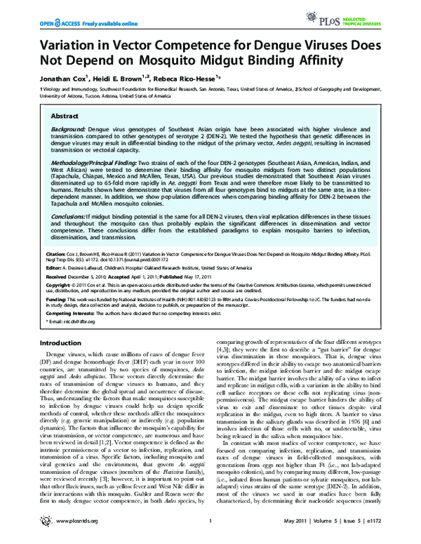 (PDF) Variation in Vector Competence for Dengue Viruses Does Not Depend ...