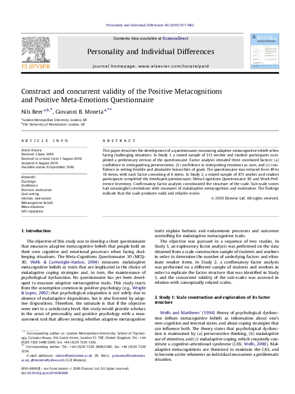 Pdf Construct And Concurrent Validity Of The Positive Metacognitions