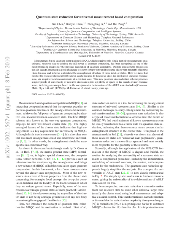 Pdf Quantum State Reduction For Universal Measurement Based Computation