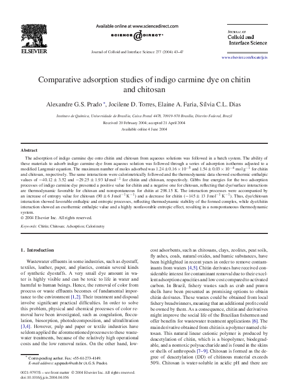 (PDF) Comparative adsorption studies of indigo carmine dye on chitin and chitosan