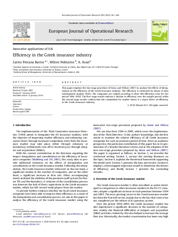 (PDF) Efficiency in the Greek insurance industry