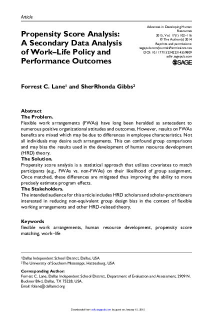 (PDF) Propensity Score Analysis: A Secondary Data Analysis of Work–Life ...