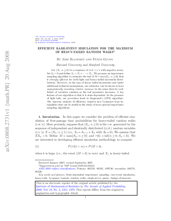 (PDF) Efficient rare-event simulation for the maximum of heavy-tailed random walks