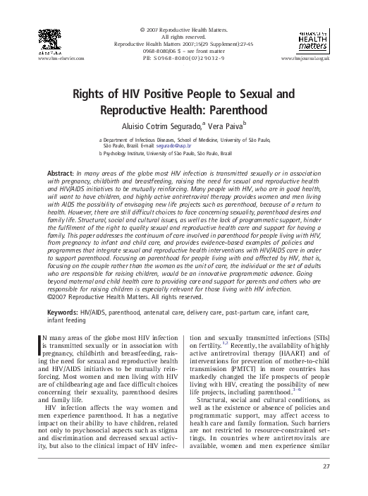 (PDF) Rights of HIV Positive People to Sexual and Reproductive Health ...