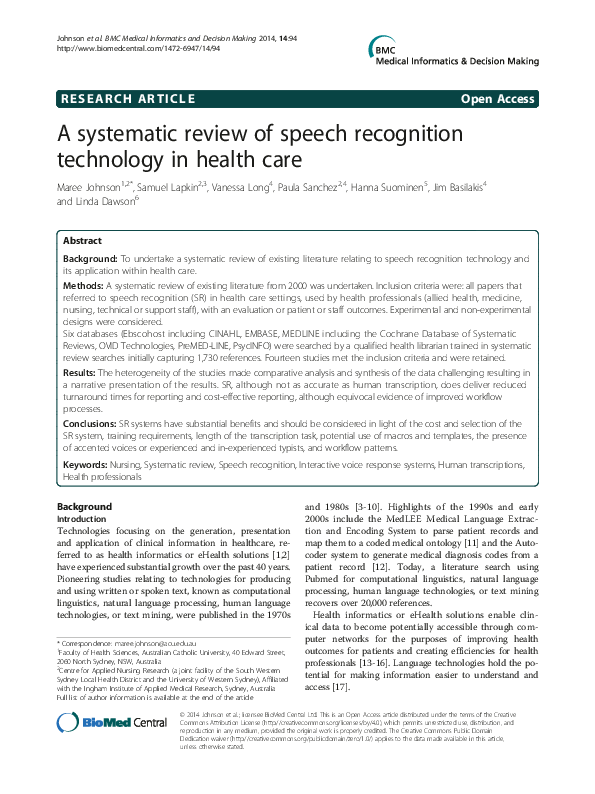 (PDF) A systematic review of speech recognition technology in health care
