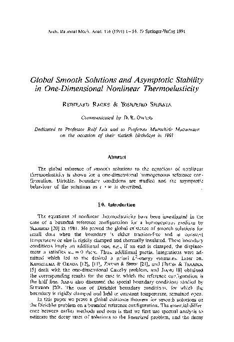 (PDF) Global smooth solutions and asymptotic stability in one-dimensional nonlinear thermoelasticity