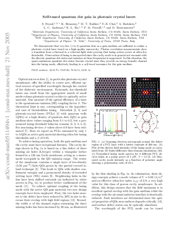 (PDF) Self-Tuned Quantum Dot Gain in Photonic Crystal Lasers