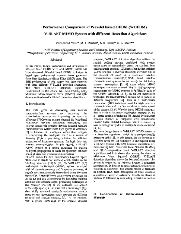Pdf Performance Comparison Of Wavelet Based Ofdm Wofdm V Blast Mimo