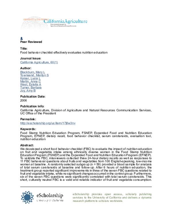 (PDF) Food behavior checklist effectively evaluates nutrition education