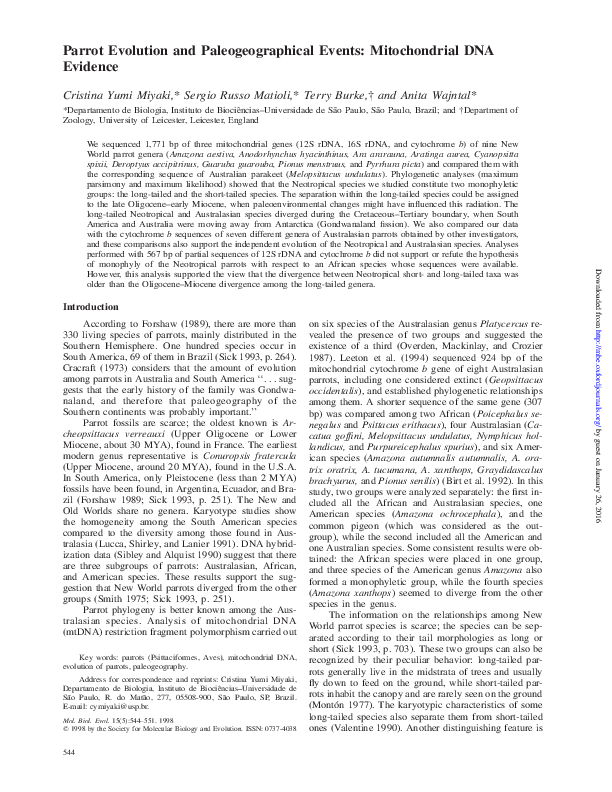 (PDF) Parrot Evolution and Paleogeographical Events: Mitochondrial DNA ...
