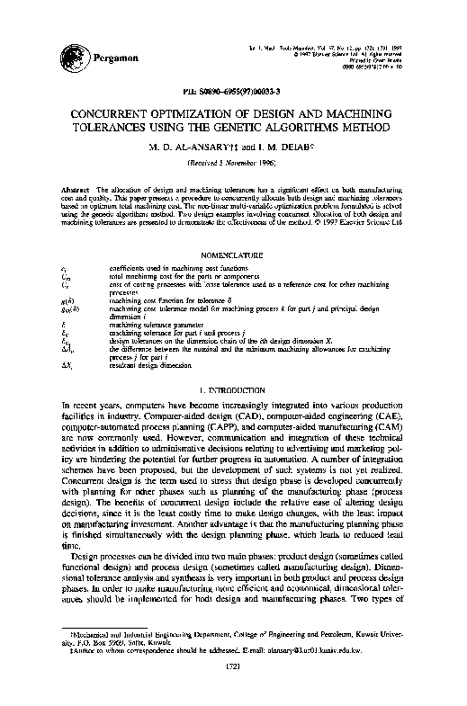 (PDF) Concurrent optimization of design and machining tolerances using the genetic algorithms method