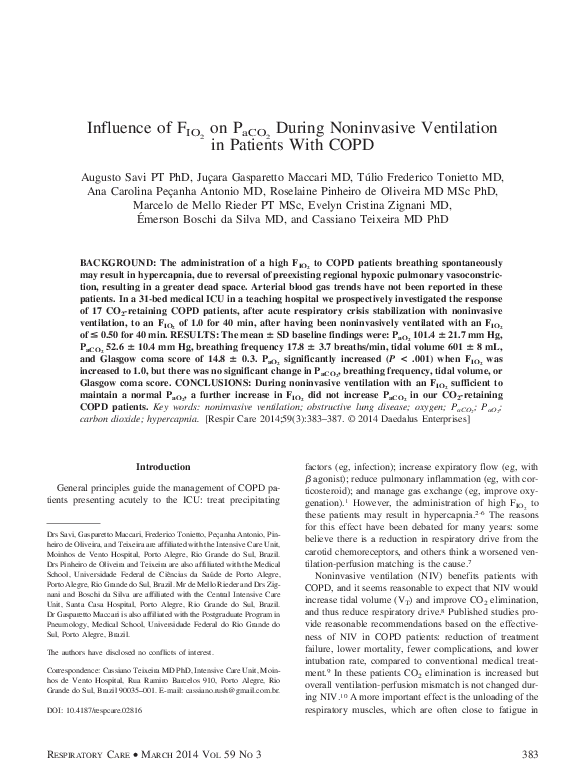 (PDF) Influence of FIO2 on PaCO2 During Noninvasive Ventilation in ...