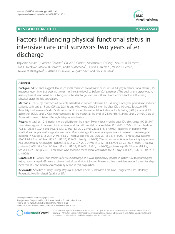 (PDF) Factors influencing physical functional status in intensive care ...