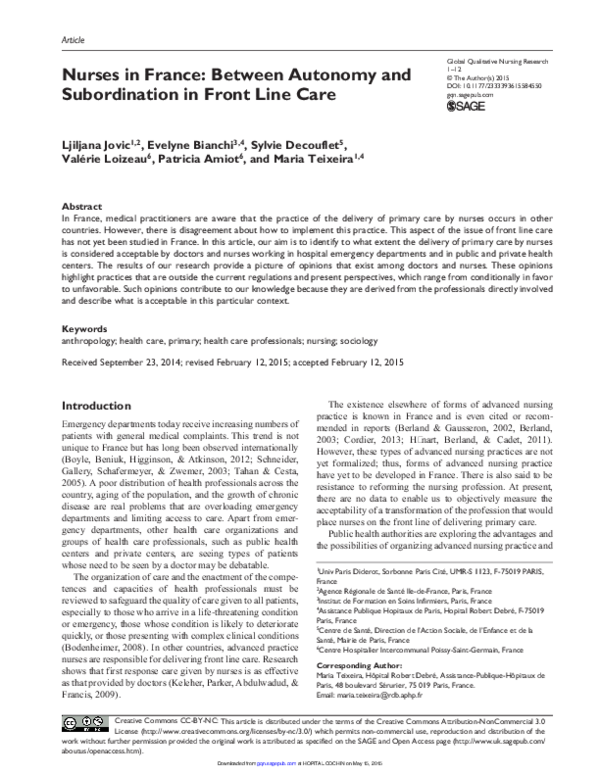 Nurses in France: between autonomy and subordination. Acceptability of ...