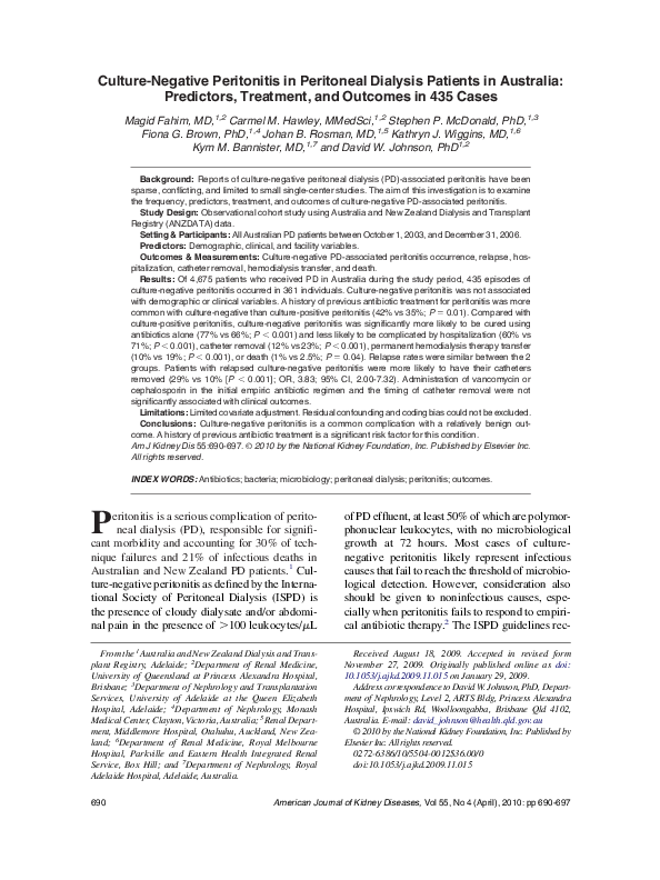 Pdf Culture Negative Peritonitis In Peritoneal Dialysis Patients In Australia Predictors