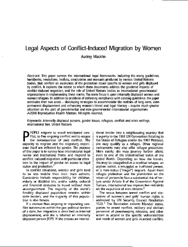 (PDF) Legal Aspects of Conflict-Induced Migration by Women | Audrey ...
