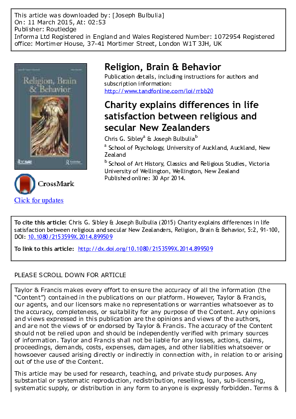 (PDF) Charity explains differences in life satisfaction between religious and secular New Zealanders