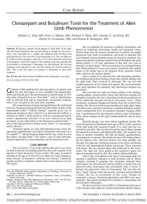 (PDF) Clonazepam and Botulinum Toxin for the Treatment of Alien Limb ...