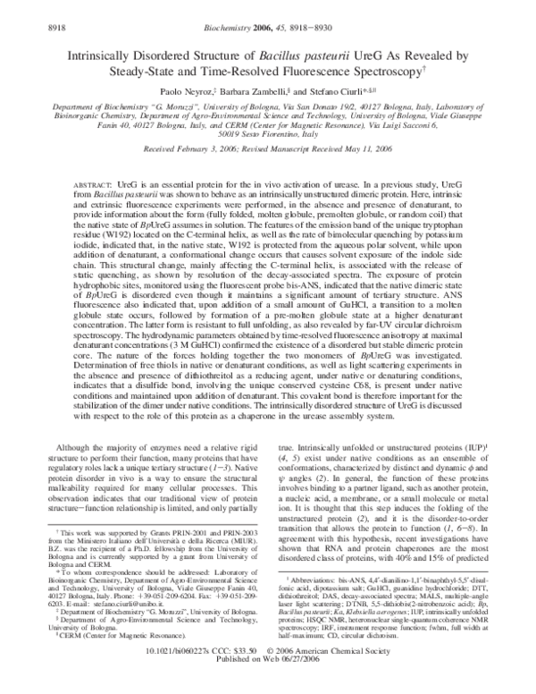 (PDF) Intrinsically Disordered Structure of Bacillus pasteurii UreG As ...