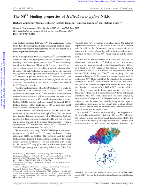 (PDF) The Ni2+ binding properties of Helicobacter pylori NikR