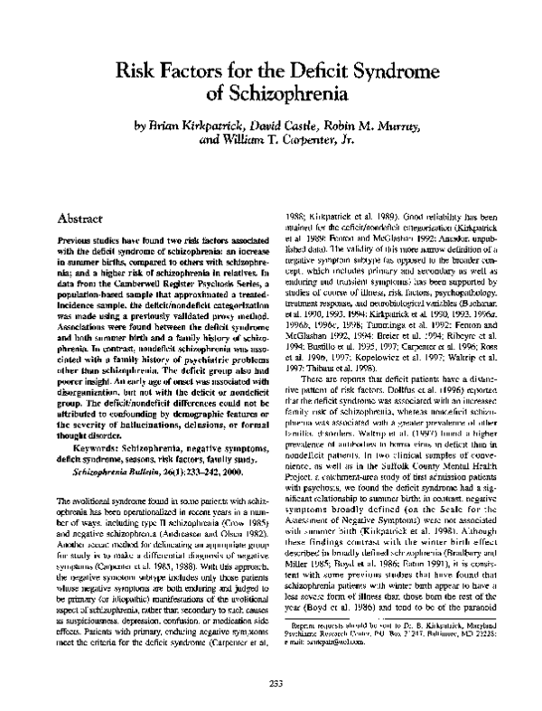 (PDF) Risk Factors for the Deficit Syndrome of Schizophrenia