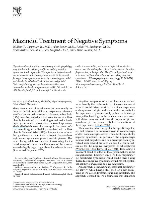 (PDF) Mazindol treatment of negative symptoms